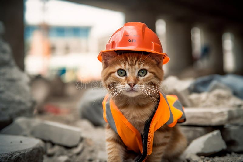 Cat Wearing a Hard Hat on a Construction Site. AI Stock Illustration ...