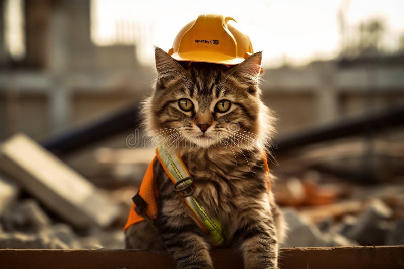 Cat Wearing a Hard Hat on a Construction Site. AI Stock Illustration ...