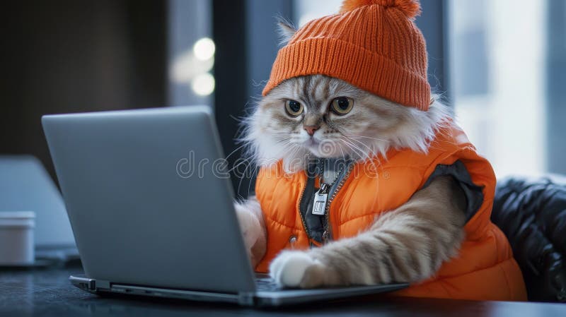 A Cat Wearing a Hard Hat is Working in Front of a Laptop Located in a ...