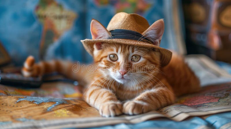 A Cat Wearing a Hat Laying on Top of an Open Map, AI Stock Image ...