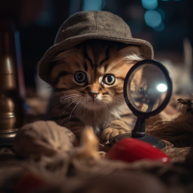 A Cat Wearing a Hat Looking through a Magnifying Glass. Generative AI ...