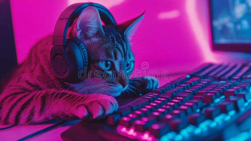 Cat Wearing Headphones at Computer with Neon Lights Stock Photo - Image ... Cat Wearing Headphones at Computer with Neon Lights Stock Photo - Image ...
