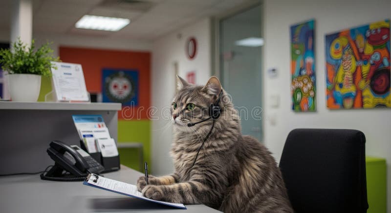 Cat Wearing Headset Taking Notes at Office Reception Desk Stock ...