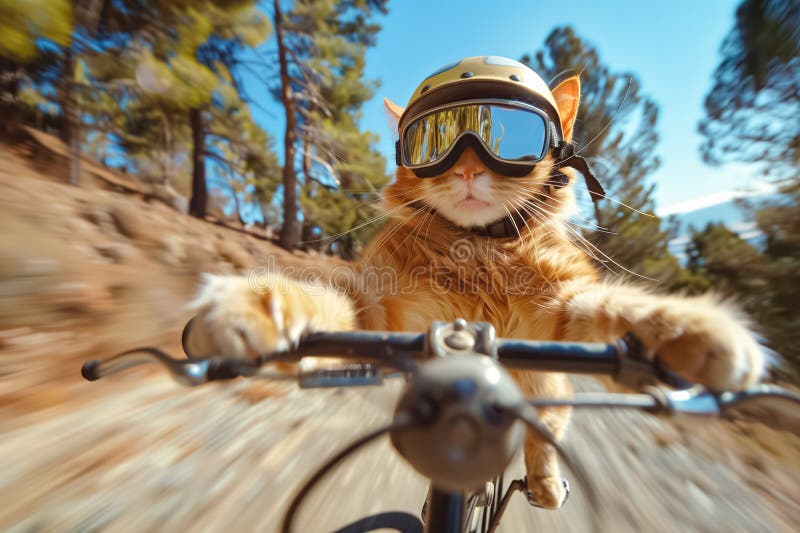 Cat Wearing a Helmet and Goggles while Riding a Bicycle in the Forest ...