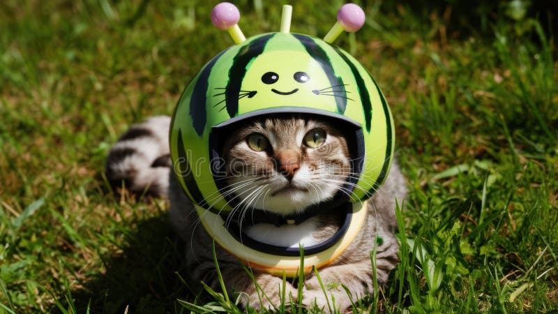A Cat Wearing a Helmet with Watermelon and Strawberry Decorations, AI ...