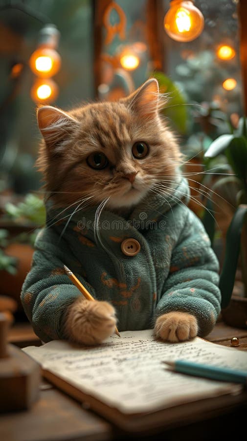 Cat Wearing a Jacket Sits at a Table, Busily Writing on Paper, AI ...