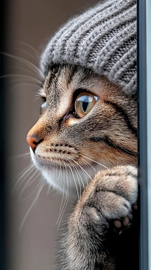 Cat Wearing Knitted Hat Peeking Out Behind Window Stock Photos - Free ...