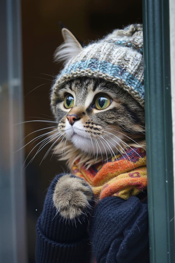 A Cat Wearing a Knitted Hat and Scarf Peeking Out from Behind a Window ...