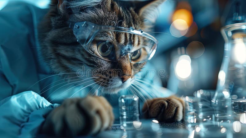 A Cat Wearing a Lab Coat and Goggles is Looking at a Computer Screen ...