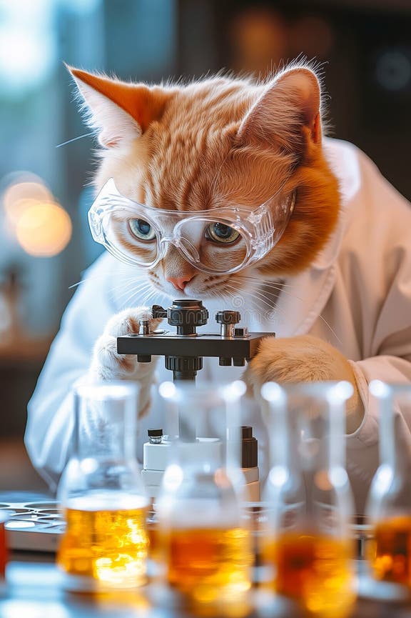 A Cat Wearing a Lab Coat and Goggles Looking at a Microscope Stock ...