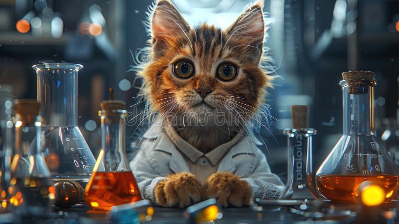 A Cat Wearing a Lab Coat is Standing in Front of a Table with Various ...
