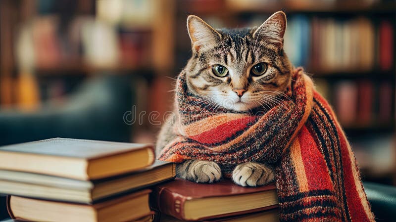 A Cat Wearing a Librarian Scarf Sitting beside a Stack of Neatly Stock ...