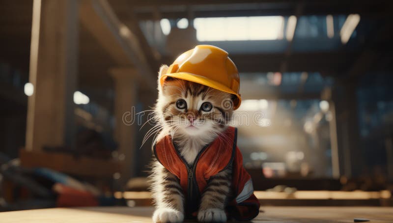 A Cat Wearing an Orange and Yellow Hard Hat Stock Photo - Image of ...