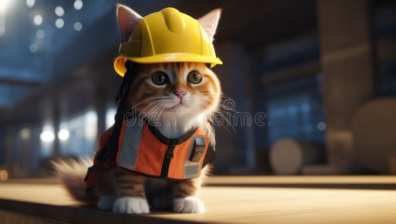 A Cat Wearing an Orange and Yellow Hard Hat Stock Photo - Image of ...