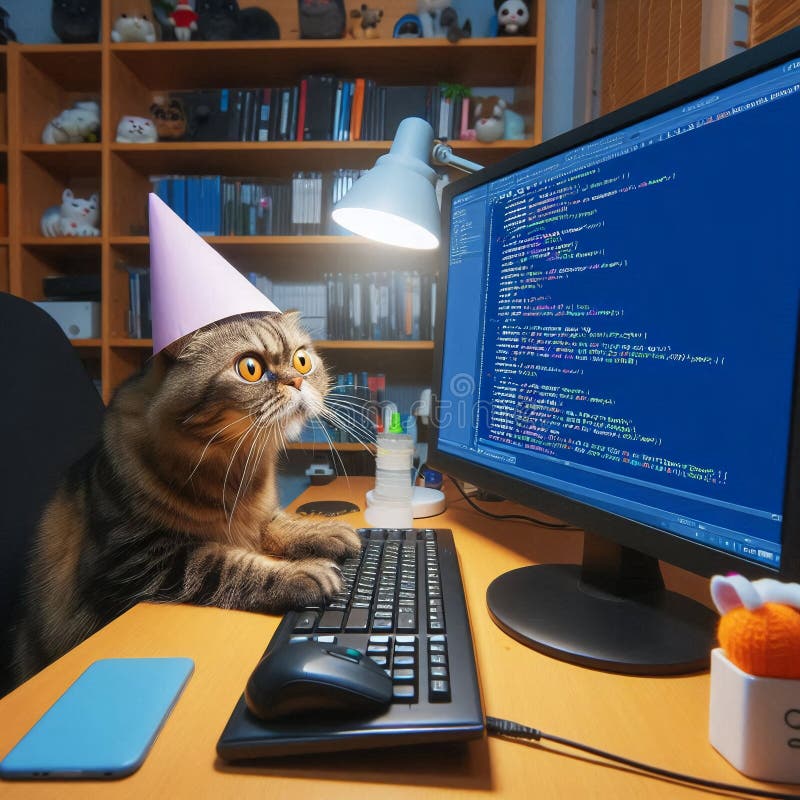 A Cat, Wearing a Party Hat, is Focused on a Computer Screen Displaying ...