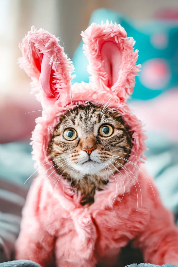 Cat Wearing Pink Bunny Costume on Bed. Generative AI Stock Photo ...