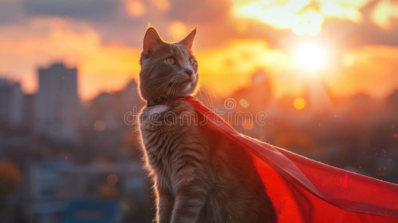 A Cat Wearing a Red Cape Stands in Front of a City Skyline Stock ...