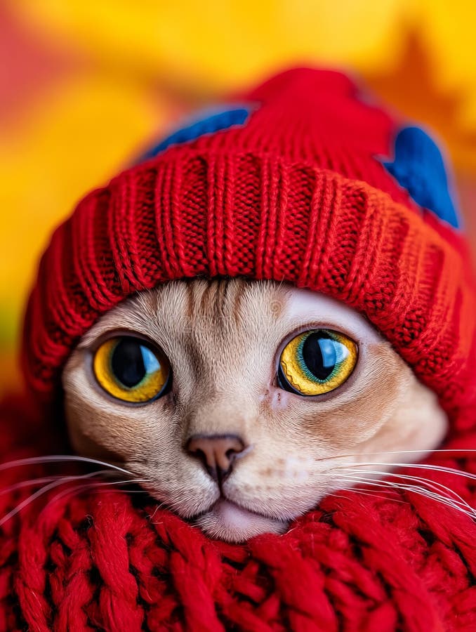 A Cat Wearing a Red Knitted Hat and Scarf Stock Image - Image of knit ...
