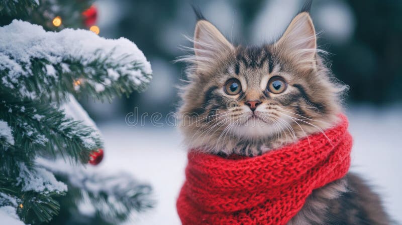 A Cat Wearing a Red Scarf in the Snow Stock Illustration - Illustration ...