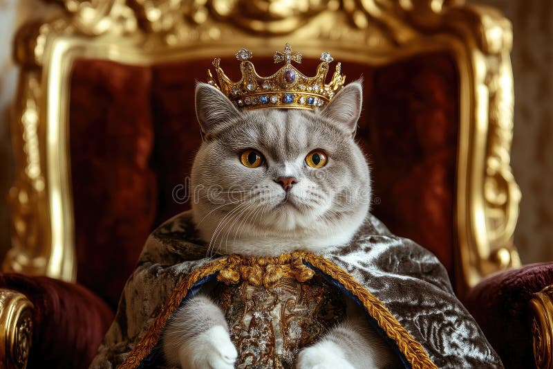 Cat Wearing Royal Mantle and Crown Looking at Camera Stock Illustration ...