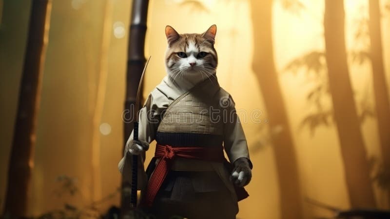 Cat Wearing Samurai Uniforms, Warrior Samurai Cat with Sword ...