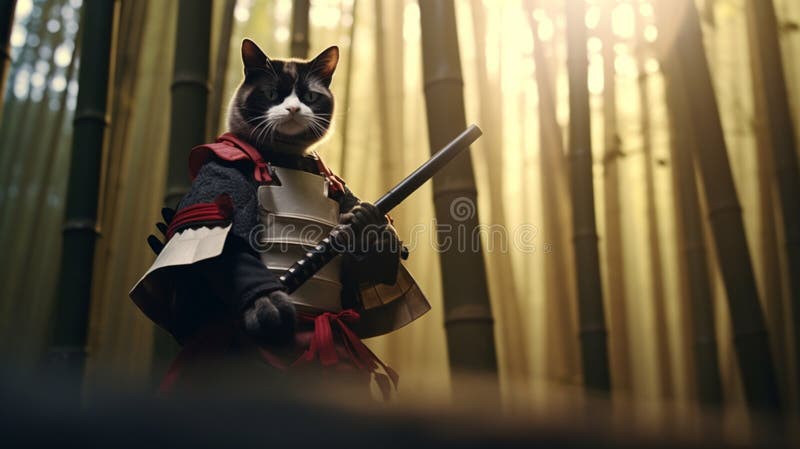 Cat Wearing Samurai Uniforms, Warrior Samurai Cat with Sword ...