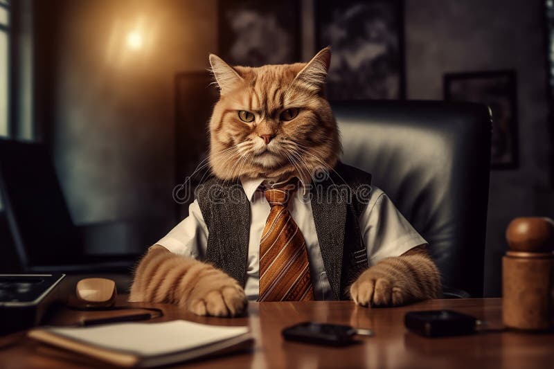 Cat Wearing Suit with Angry Expression Sitting in Workspace Stylish ...