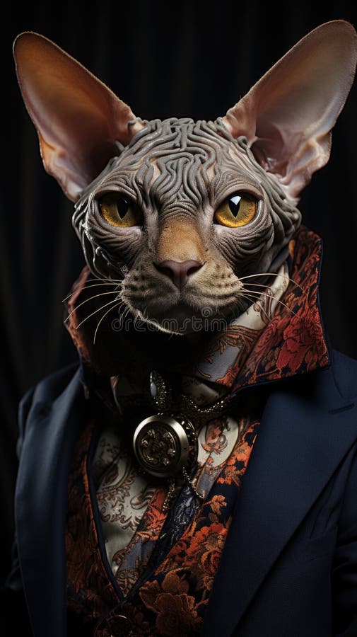 A Cat Wearing a Suit and Tie with a Collar Sphynx Cat Character. Stock ...