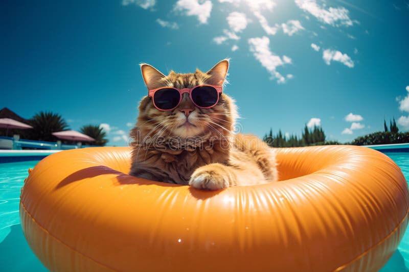 Cat Floating on Inflatable Swim Ring in Pool Wearing Sunglasses ...
