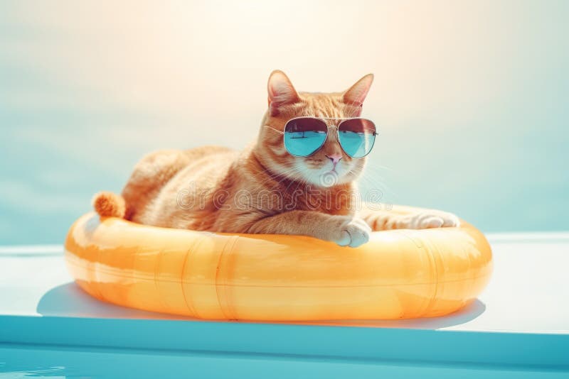 A Cat Wearing Sunglasses Laying on Top of a Pool Float Stock ...