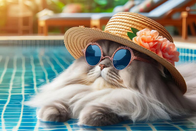 A Cat Wearing Sunglasses and a Straw Hat is Laying on a Pool Stock ...