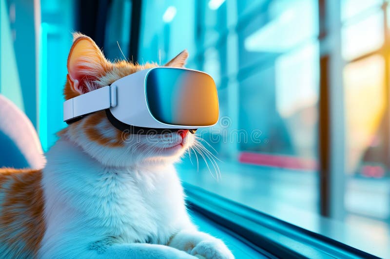 A Cat Wearing a Virtual Reality Headset Looking Out a Window Stock ...