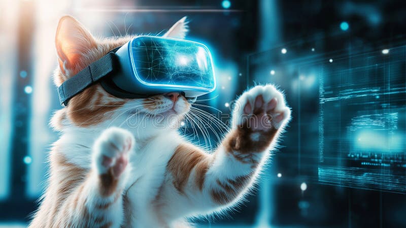Cat Wearing a VR Headset, Exploring Virtual Reality, with Its Paws Outstretched and a Playful ...