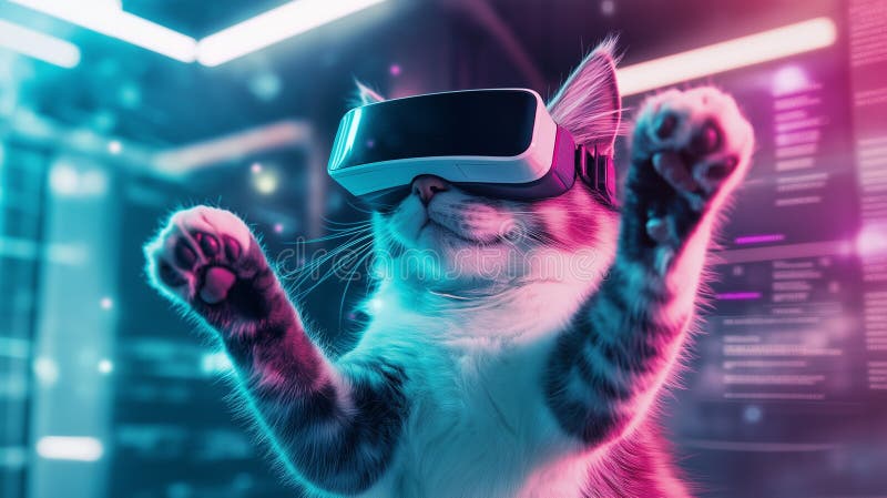 Cat Wearing a VR Headset, Exploring Virtual Reality, with Its Paws ...