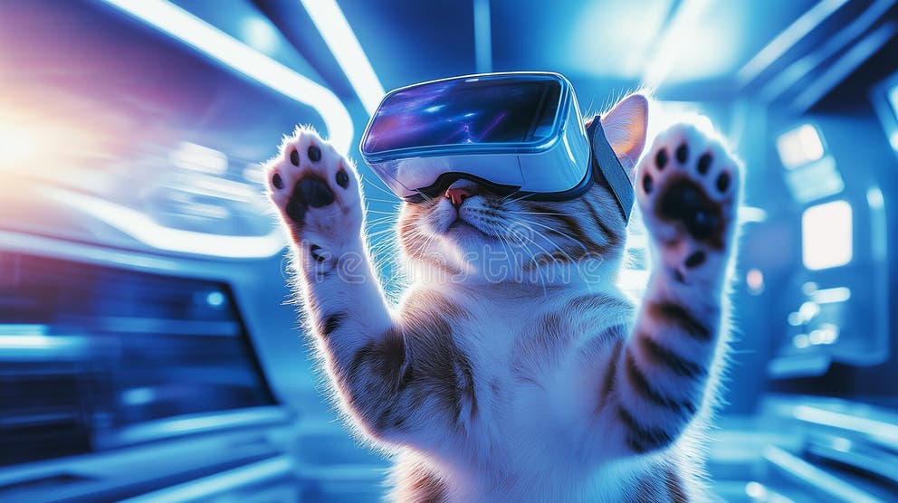 Cat Wearing a VR Headset, Exploring Virtual Reality, with Its Paws ...