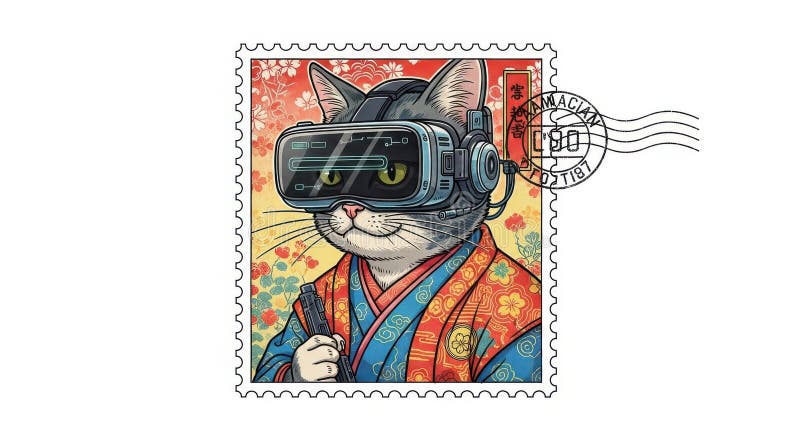 Cat in Vr Headset on Postage Stamp Design Stock Illustration ...