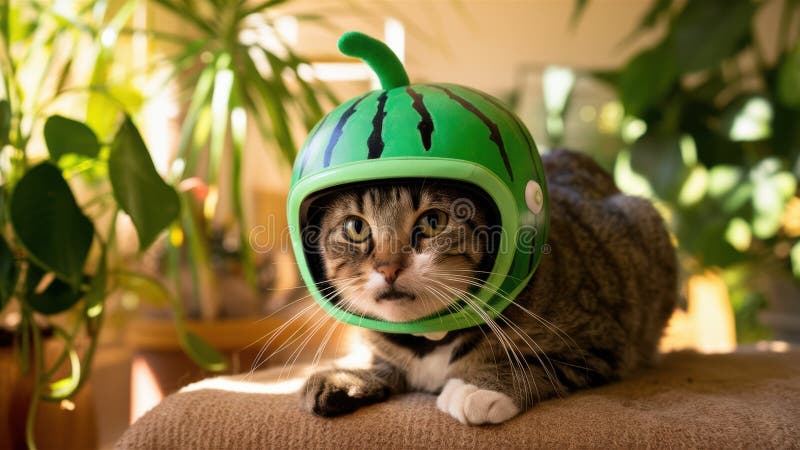 A Cat Wearing a Watermelon Helmet on Top of the Couch, AI Stock Image ...