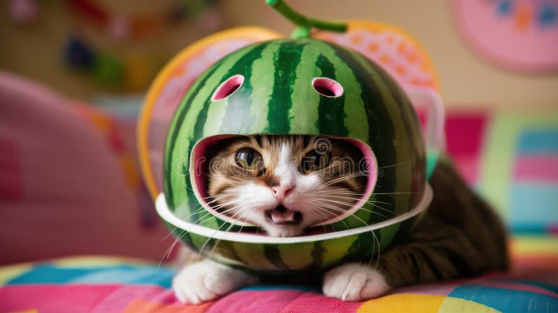 A Cat Wearing a Watermelon Shaped Hat on Top of a Bed, AI Stock Image ...