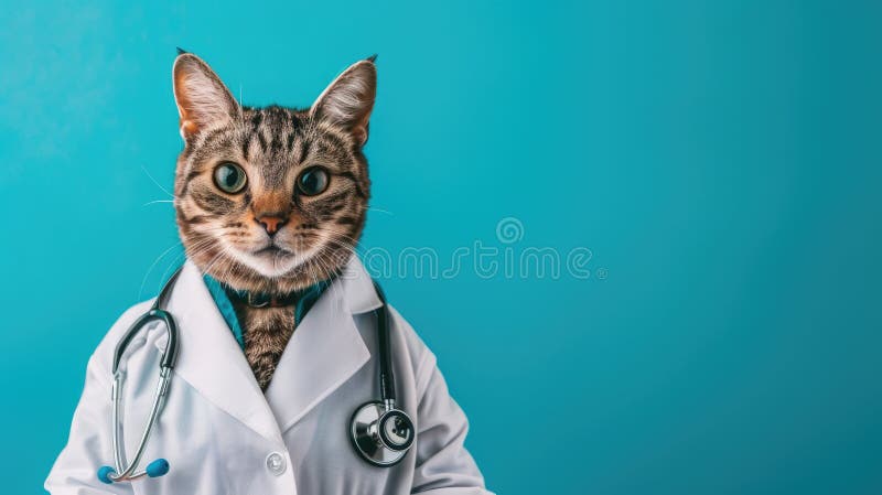 A Cat is Wearing a White Lab Coat and Standing in Front of a Blue ...