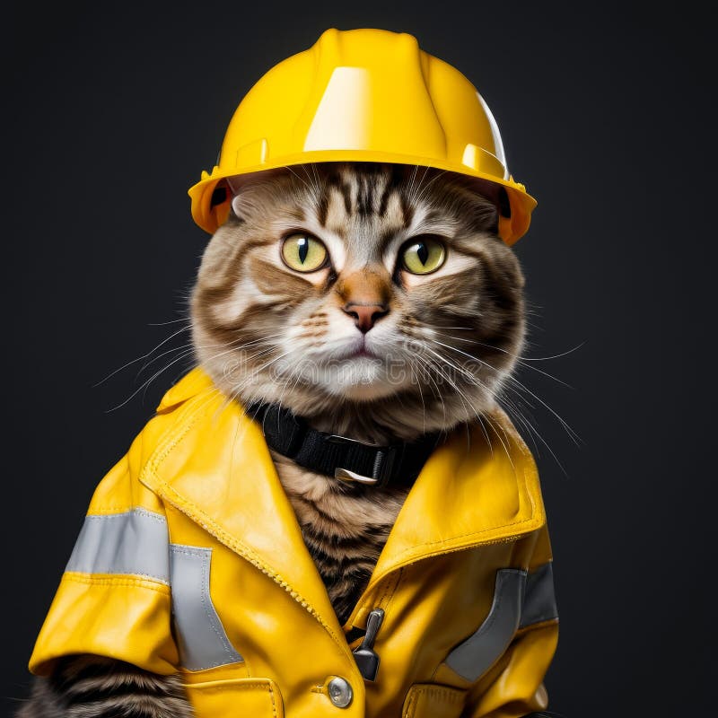 Cat is Wearing Yellow Fireman& X27;s Uniform and Hard Hat. Generative ...