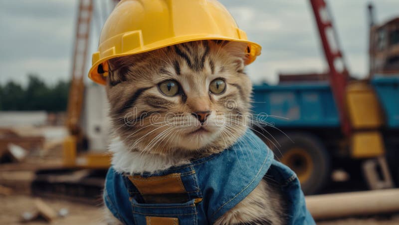 A Cat Wearing a Yellow Hard Hat and Blue Overalls Stock Illustration ...