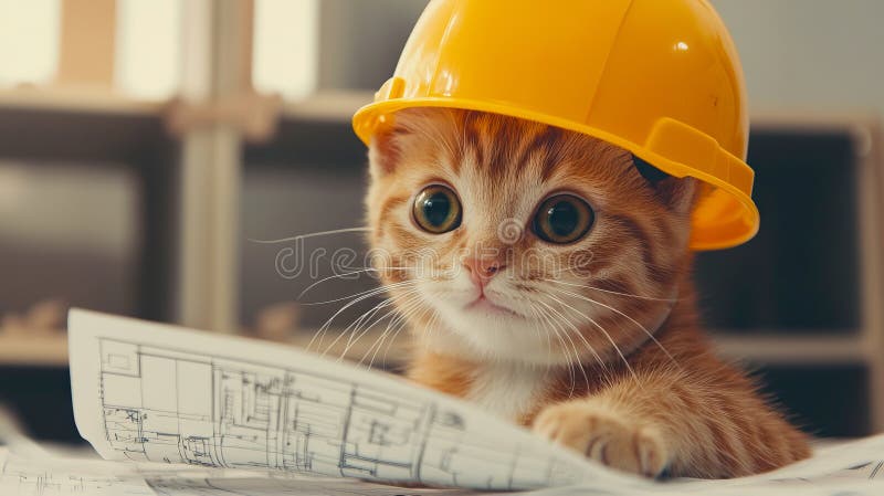 A Cat Wearing a Yellow Hard Hat Sitting on Top of a Blueprint Stock ...