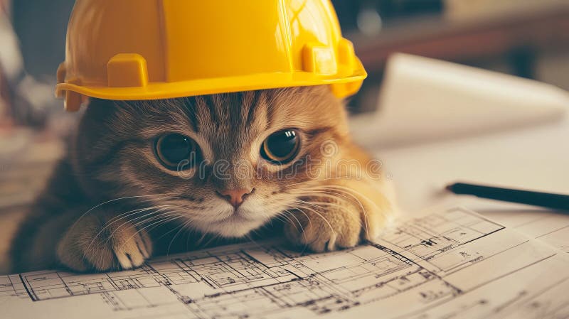A Cat Wearing a Yellow Hard Hat Sitting on Top of a Blueprint Stock ...