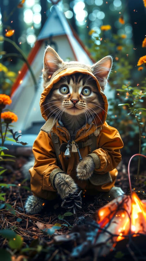 A Cat Wearing a Yellow Jacket Sitting in Front of a Campfire Stock ...