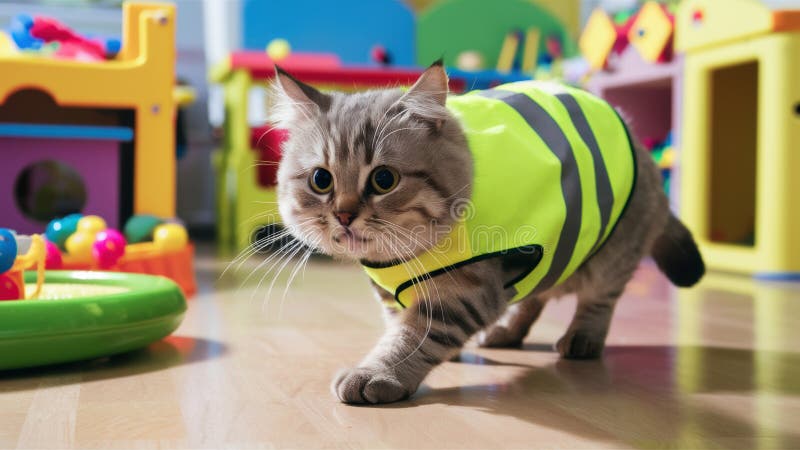 A Cat Wearing a Yellow Vest Walking on the Floor, AI Stock Photo ...