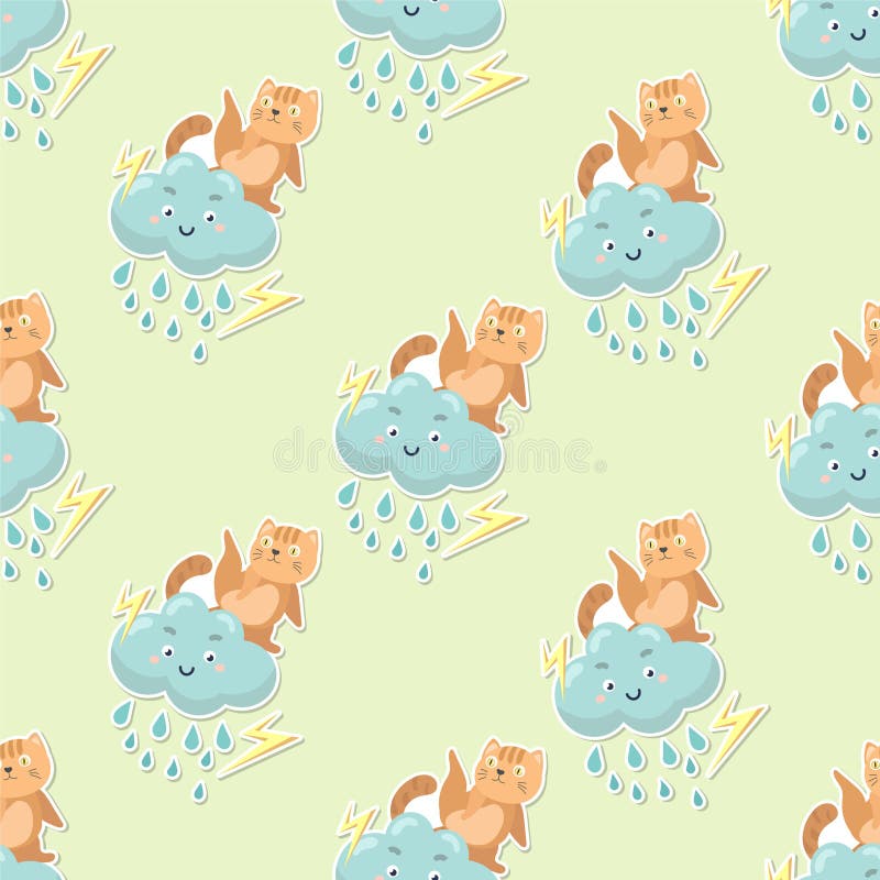 Adorable Cat with Weather Cartoon Seamless Pattern Stock Vector ...