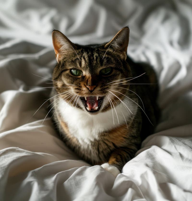 The cat is on a white bed. stock illustration. Illustration of animal ...