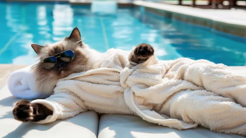 Cat in a White Coat Resting by the Pool Stock Video - Video of view ...