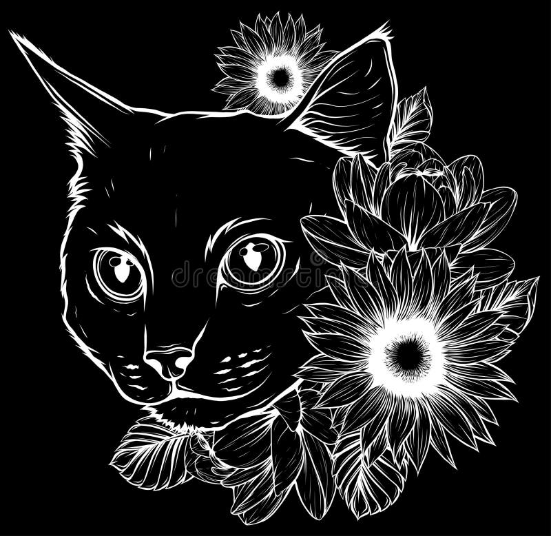Cat in White Line on Black Background Stock Vector - Illustration of ...