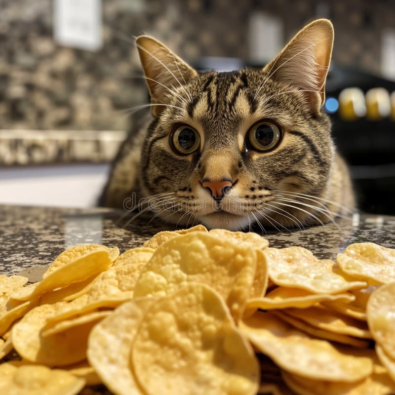 A Cat Sitting on Top of a Pile of Chips Stock Image - Image of tortilla ...